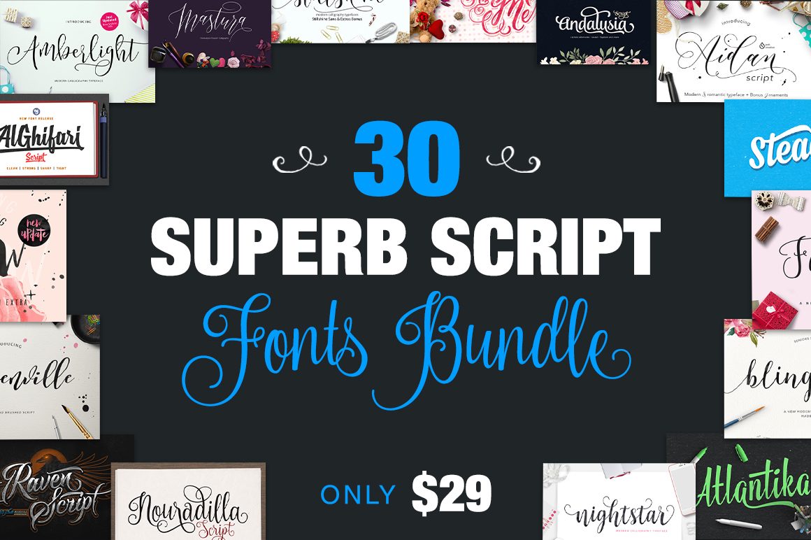 30 Superb Script Fonts Bundle Only $29 - with Extended License - Pixelo